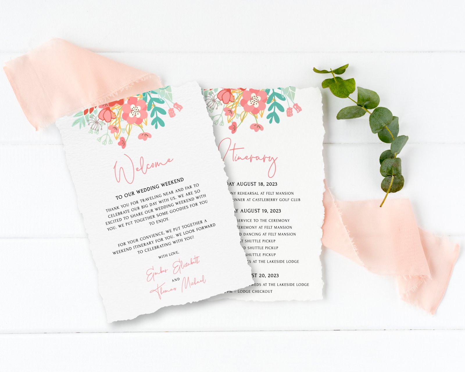 Pink Floral Editable Wedding Welcome Letter Itinerary Template